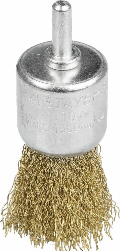 Щетка кистевая STAYER, 30 мм, витая стальная латунированная проволока 0.3 мм, для дрели 35113-30