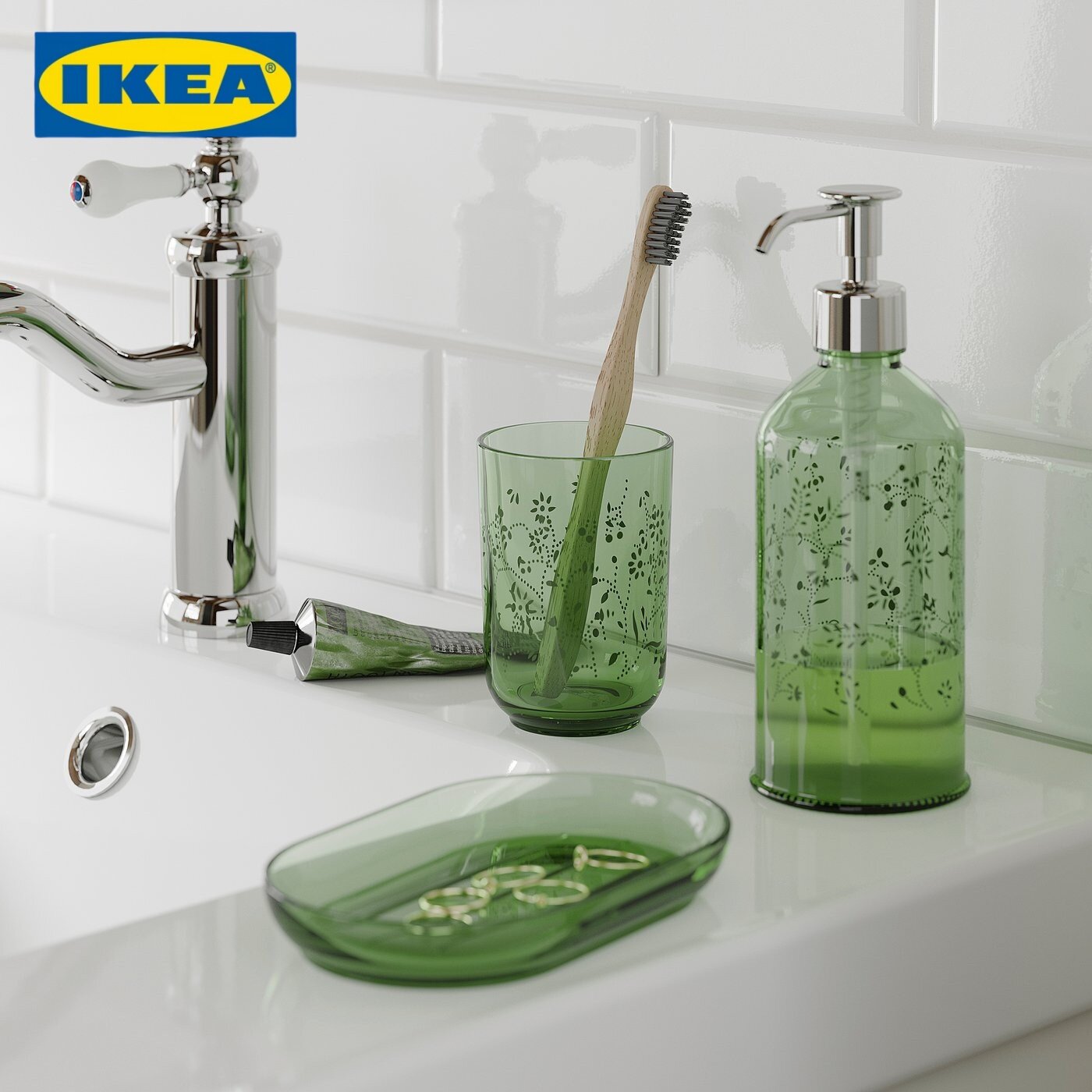 Зеленый набор для ванной из 3 предметов, IKEA GROSSJON