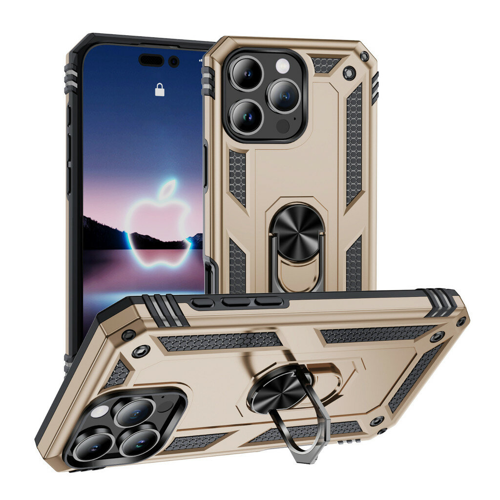 Чехол для iphone 13 pro rugged armor с ударопрочной подставкой для автомобиля и путешествия gold