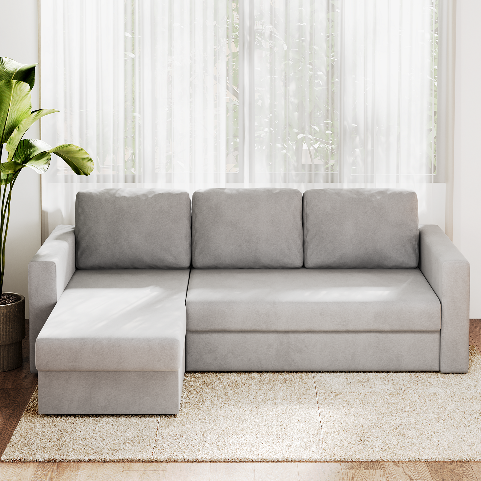 Диван угловой GALAXY Турин, механизм дельфин, с велюровой обивкой, светло-серого цвета