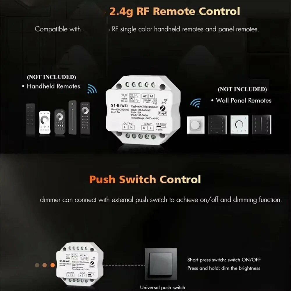 S1-B Tuya Zigbee RF AC Triac Dimmer LED контроллер Push Switch — фото 1