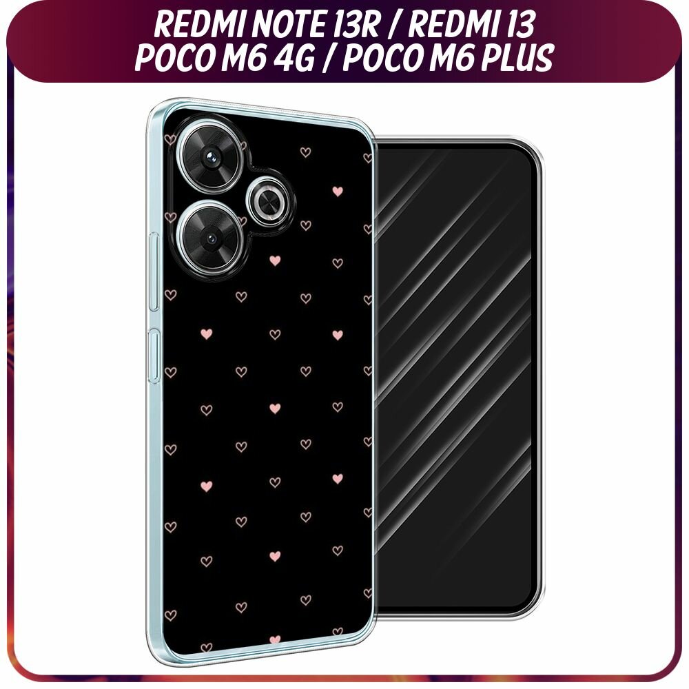Чехол на Xiaomi Redmi Note 13R/Redmi 13/Poco M6 4G/M6 Plus / Сяоми Редми Ноут 13R с принтом "Черный фон и сердечки"
