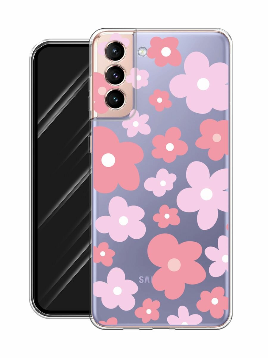 Чехол на Samsung Galaxy S21 + / Самсунг Галакси S21 Плюс с принтом "Нежные розовые цветочки рисунок", прозрачный — фото 1