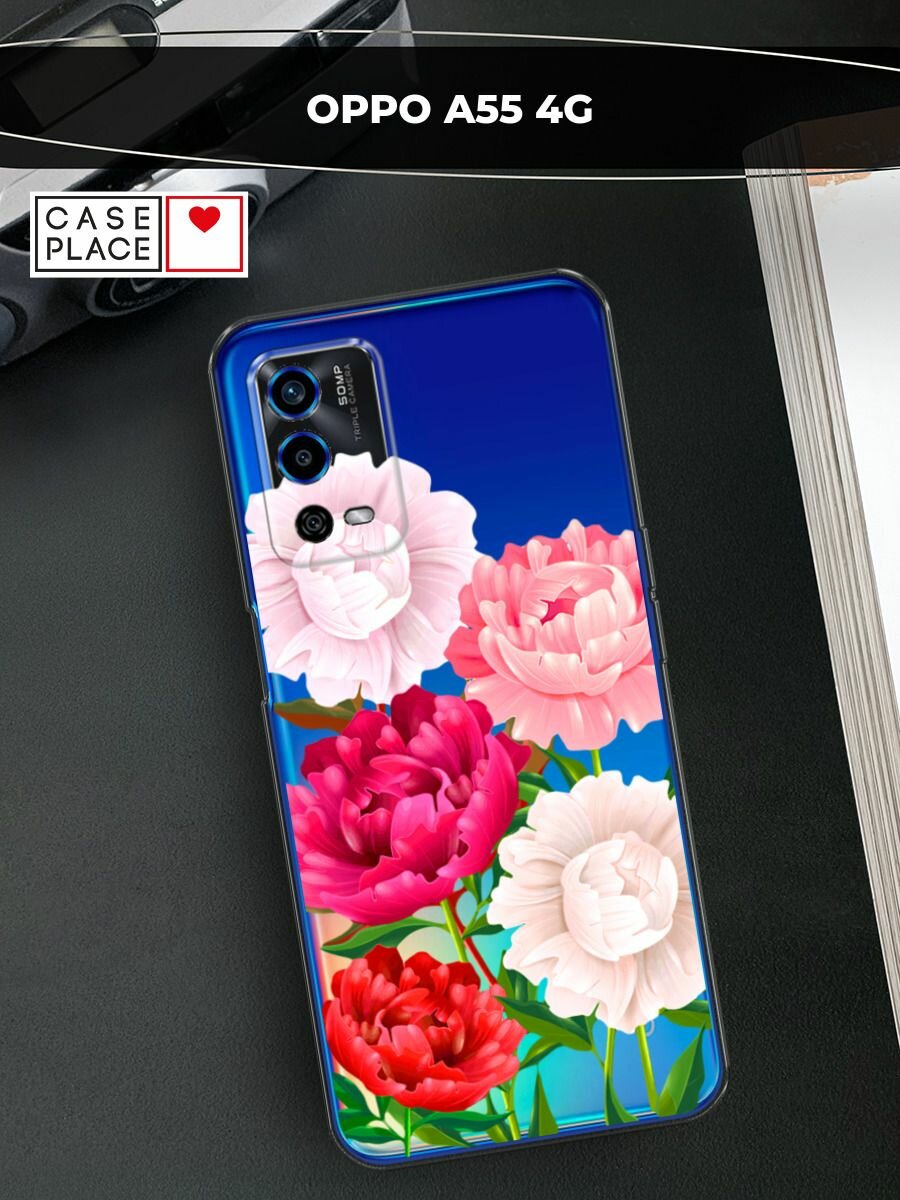 Чехол на Oppo A55 4G / Оппо А55 4G с принтом "Большие пионы", прозрачный