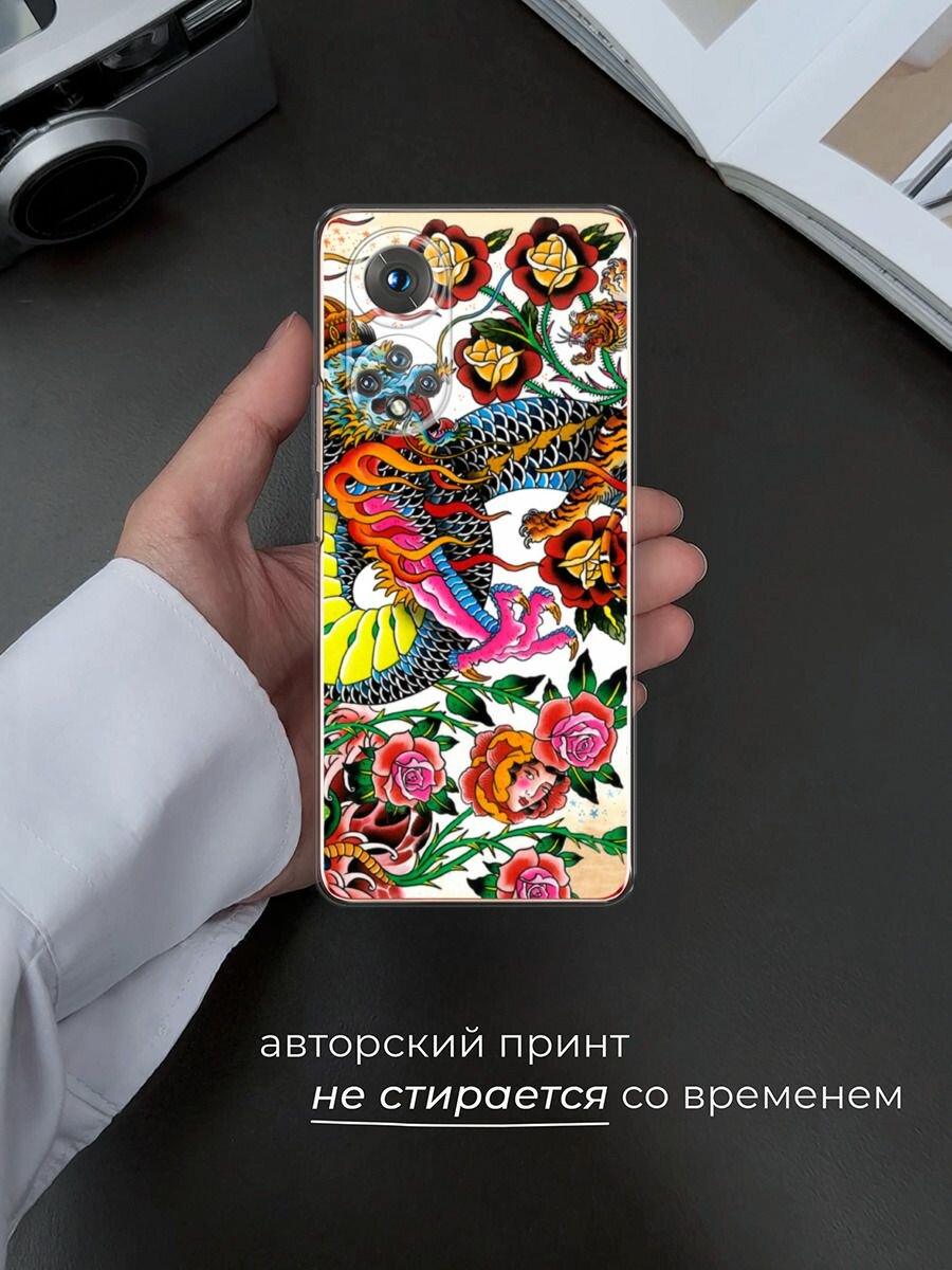 Чехол на Honor 50/Huawei Nova 9 / Хонор 50/Хуавей Нова 9 с принтом "Дракон в цветах" — фото 1