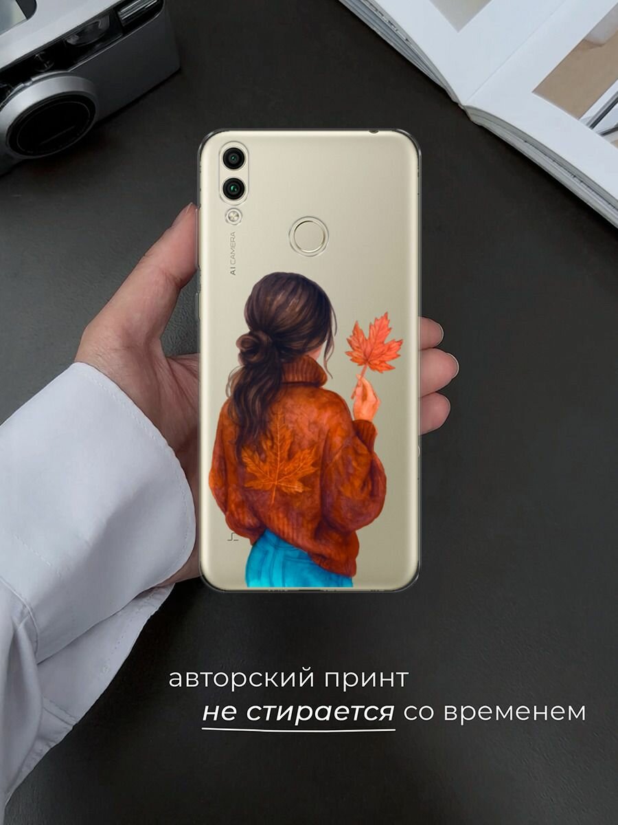 Чехол на Honor 8C / Хонор 8С с принтом "Девушка с опавшим листом", прозрачный — фото 1