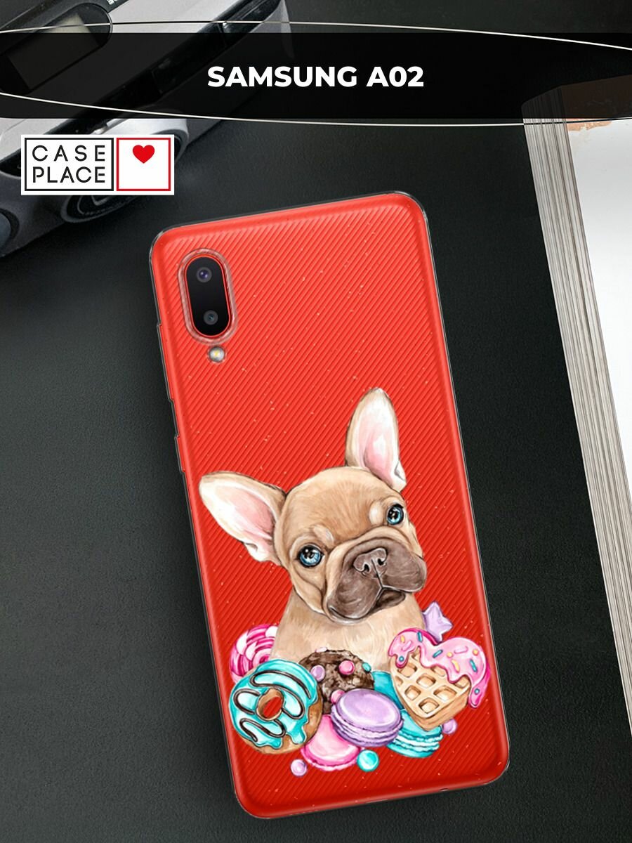 Чехол на Samsung Galaxy A02 / Самсунг Галакси А02 с принтом "Бульдог и сладости", прозрачный
