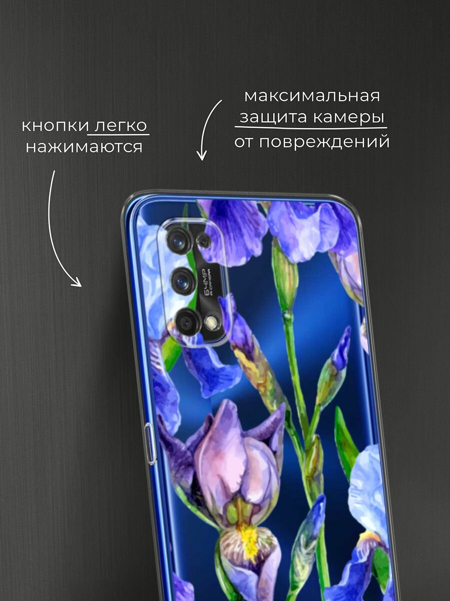 Чехол на Realme 7 Pro / Реалми 7 Про с принтом "Синие ирисы", прозрачный — фото 1