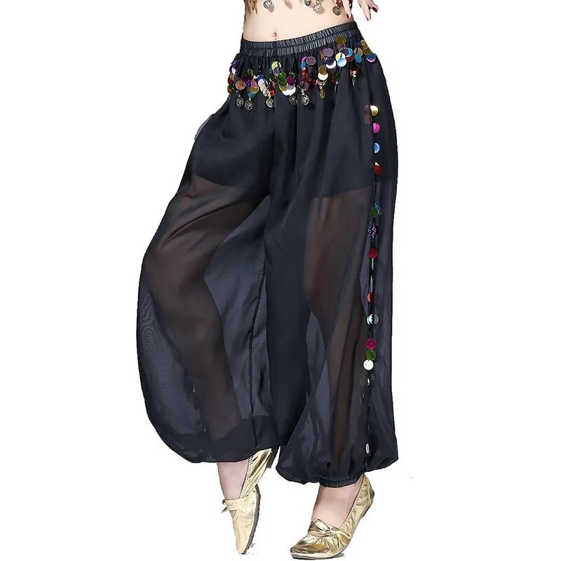 CEENIU Брюки для танца живота женские блестящие Черный, Black