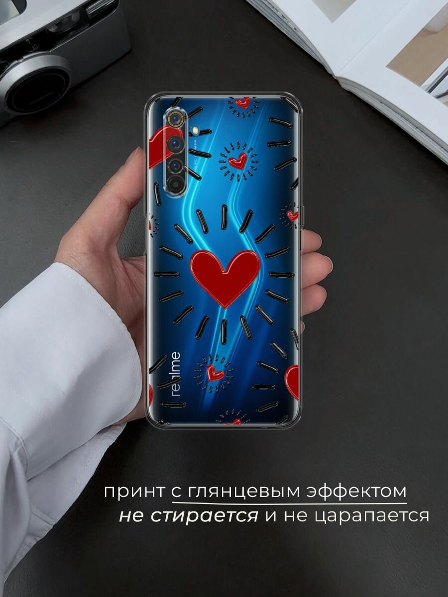Чехол на Realme 6 Pro / Реалми 6 Про с принтом "Бордовые сердца паттерн" — фото 1
