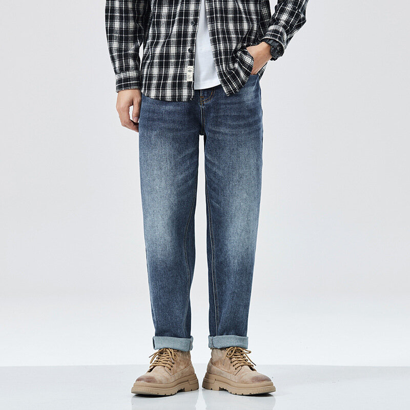 Чистый цвет Высок. качеств. нов. стиль ретро джинсы муж. американ. стиль свободн. посадка увелич. размер прямой нога джинсы муж. Синий/29