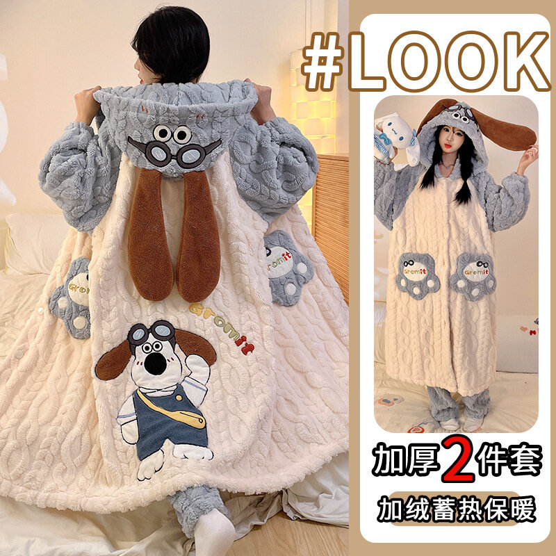 Женский халат из кораллового флиса, зимний утолщенный флис, новый стиль, милый фланелевый комплект домашней одежды, размер：S-L