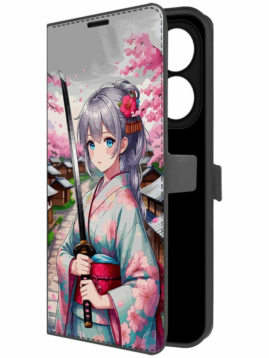 Чехол-книжка Krutoff Eco Book для INFINIX Smart 8 Plus Сакура-сан (черный)