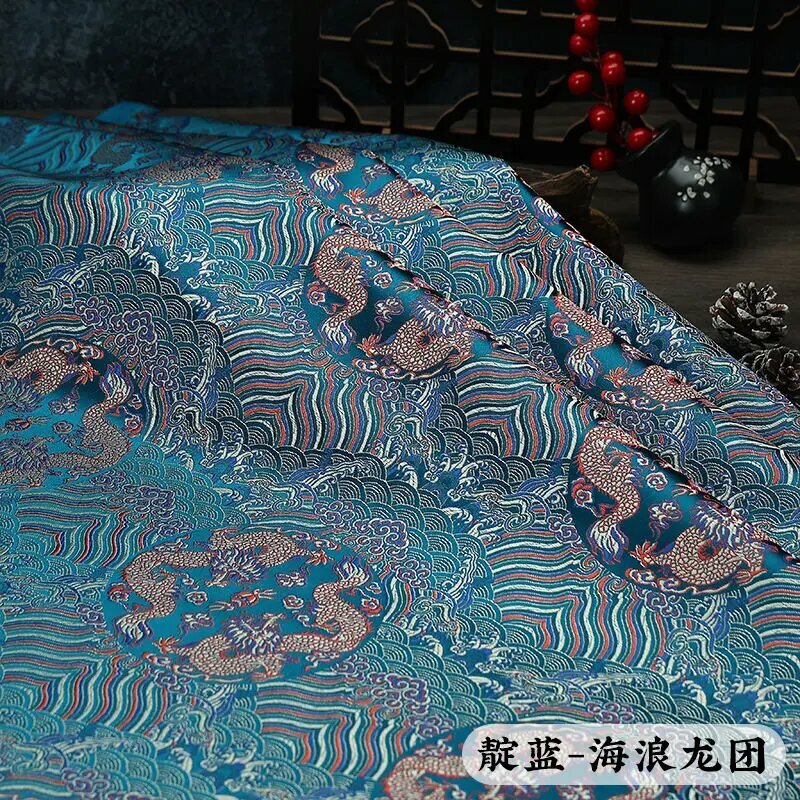 Парчовая ткань с волнистыми драконами синий красный Indigo-Waves dragon