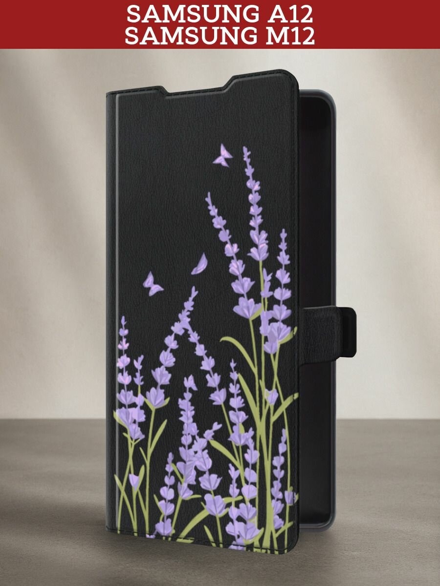 Чехол-книжка на Samsung Galaxy A12/M12 / Самсунг Галакси А12/М12 с рисунком Нежные многоцветники, черный