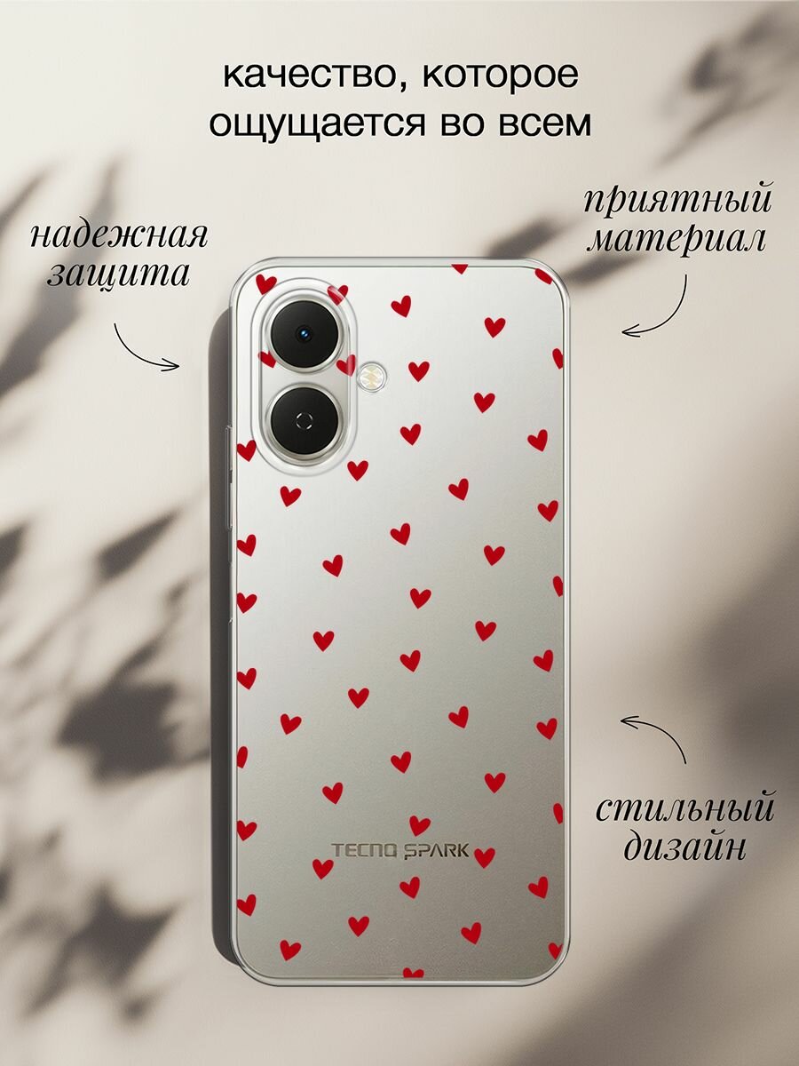 Чехол на Tecno Spark Go 2 / Текно Спарк Го 2 с принтом "Red hearts", прозрачный — фото 1