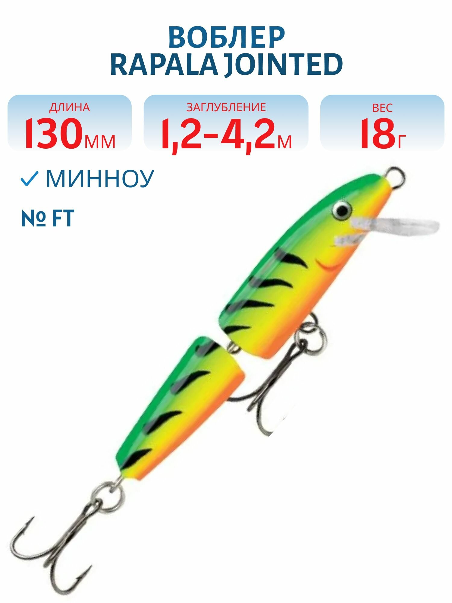 Воблер Rapala Jointed 13, 18 гр, цвет FT