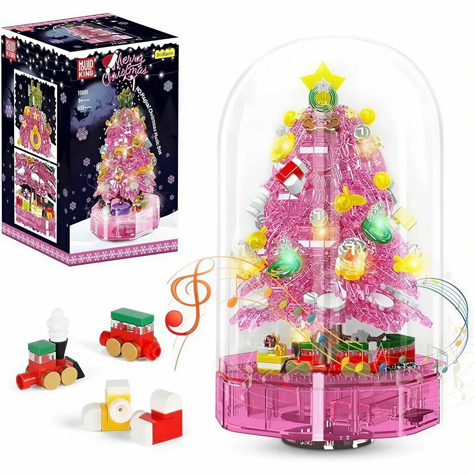 Конструктор Mould King 10089 "Рождественская ёлка" (музыкальная шкатулка с подсветкой, розовая), 688 деталей