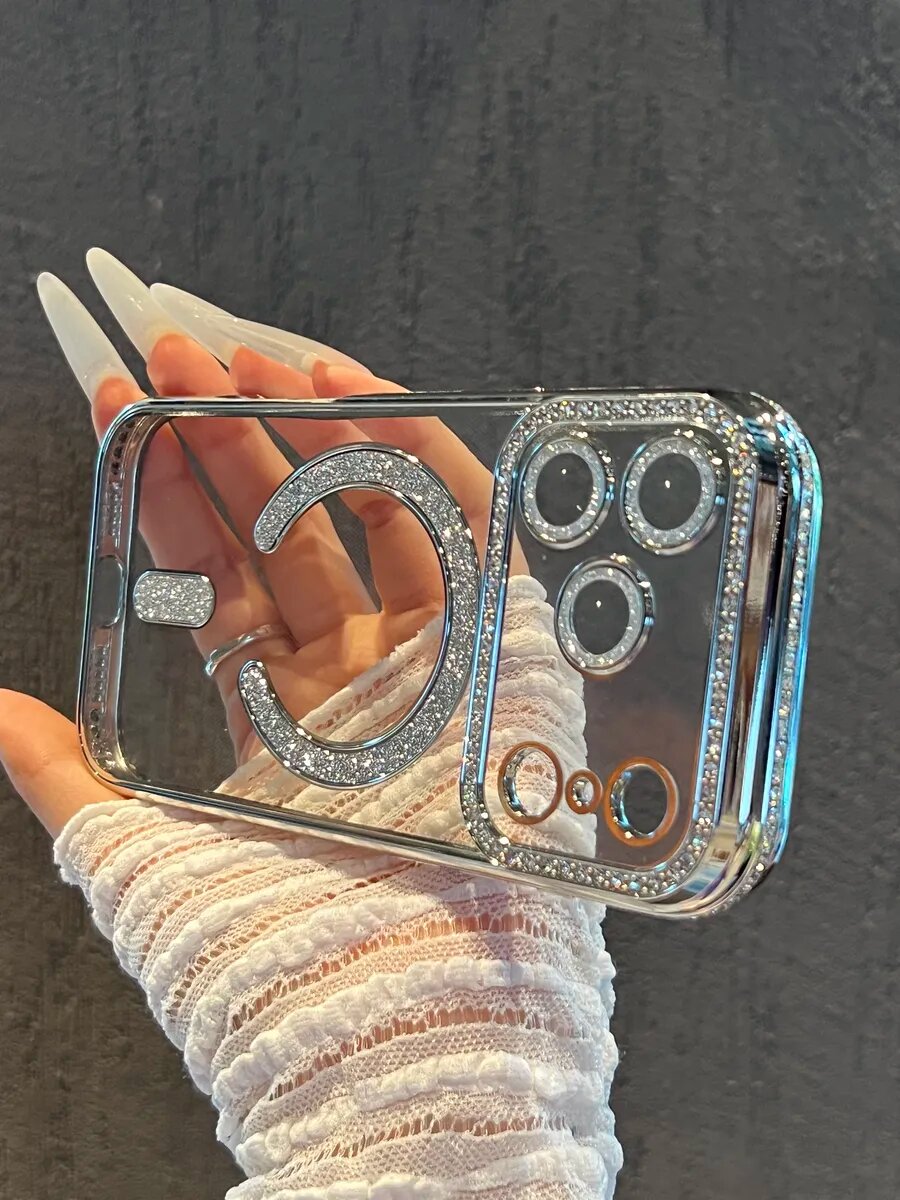 Чехол О'Кейси, для iPhone 17 Pro, MagSafe, со стразами, серебристый