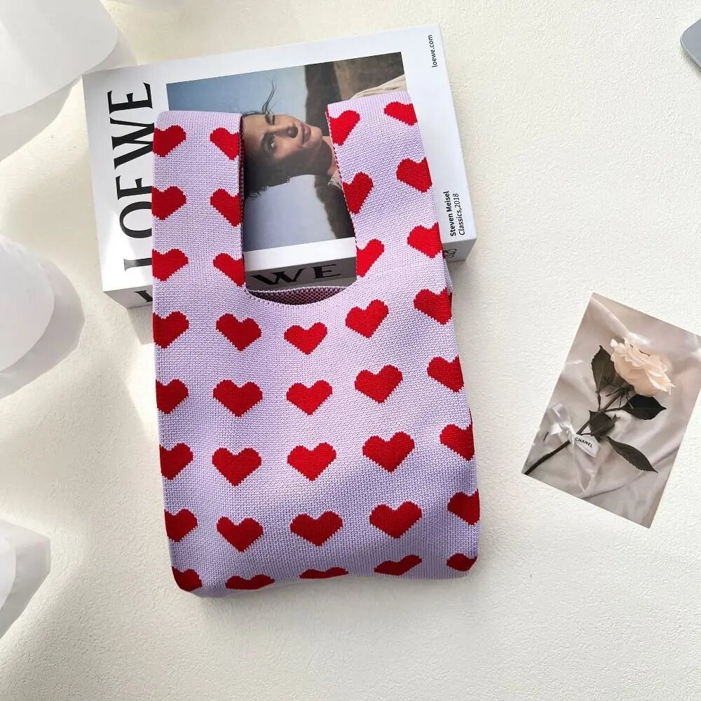 Большая вместимость вязаная сумка, женская сумка с узлом на запястье, многоразовая мини-сумка Heart, переносные сумки для покупок ручной работы