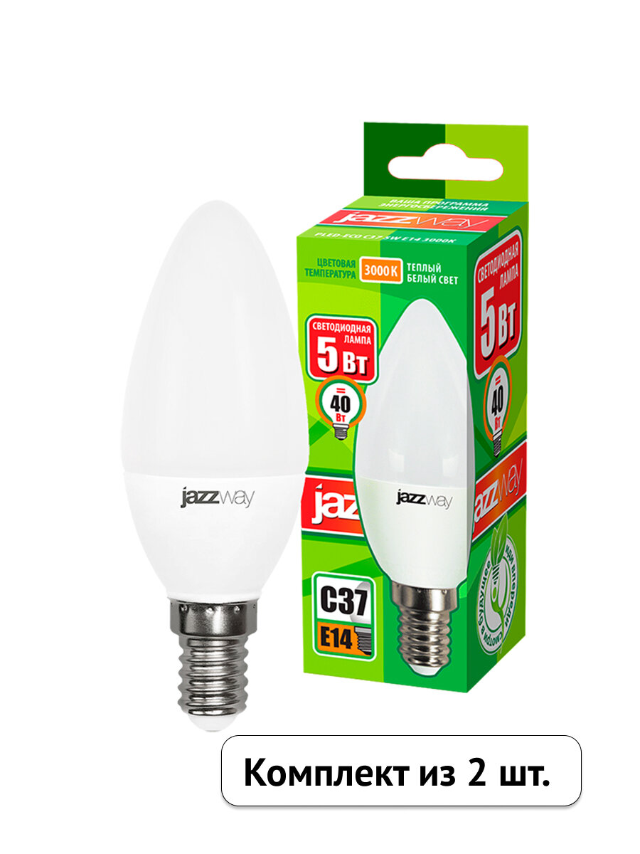 Лампочка светодиодная Jazzway Pled Eco 5Вт, 3000K, 400Лм, Е14, теплый белый свет, свеча (комплект из 2 шт.)
