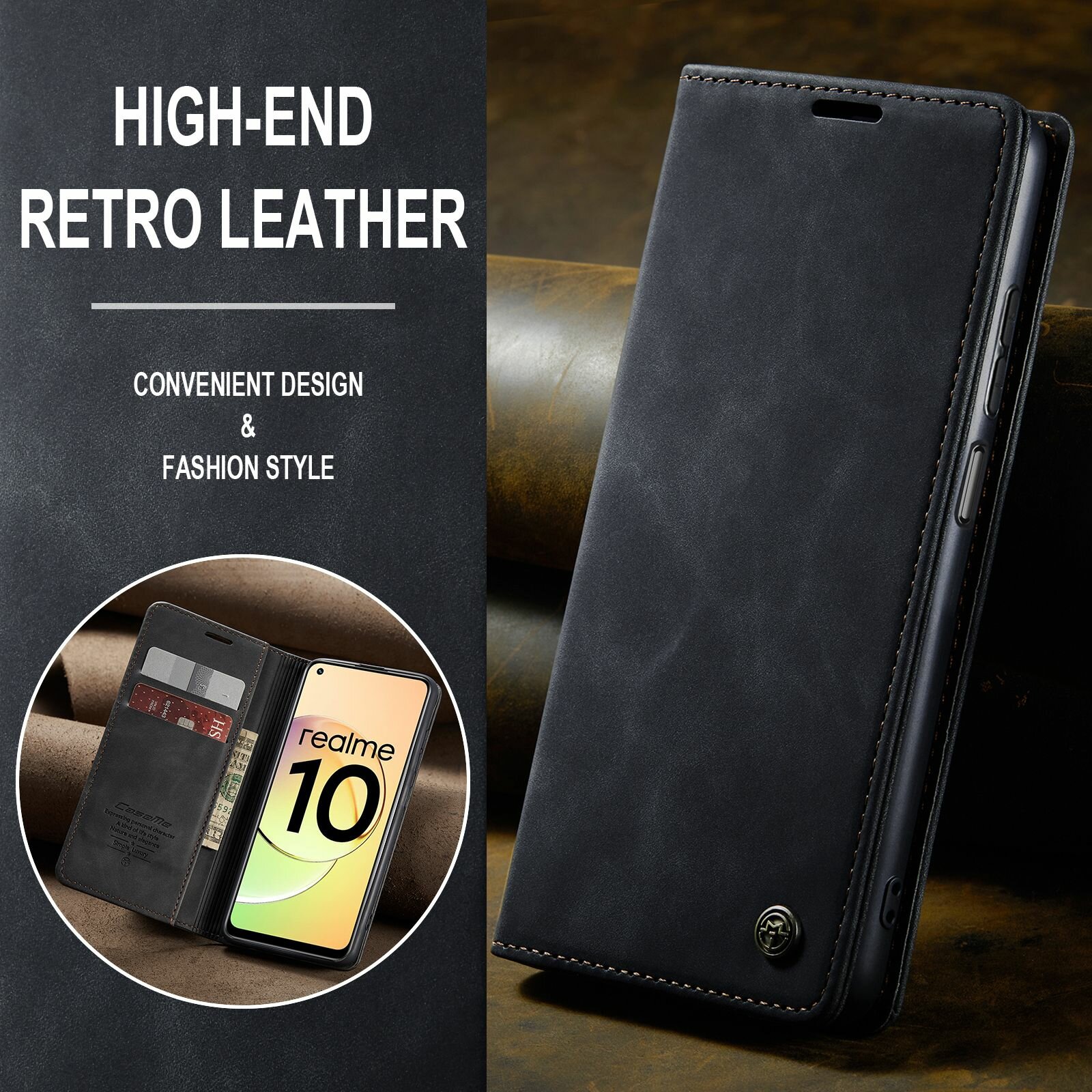 Чехол-книжка CaseMe Matte Realme 10 черный