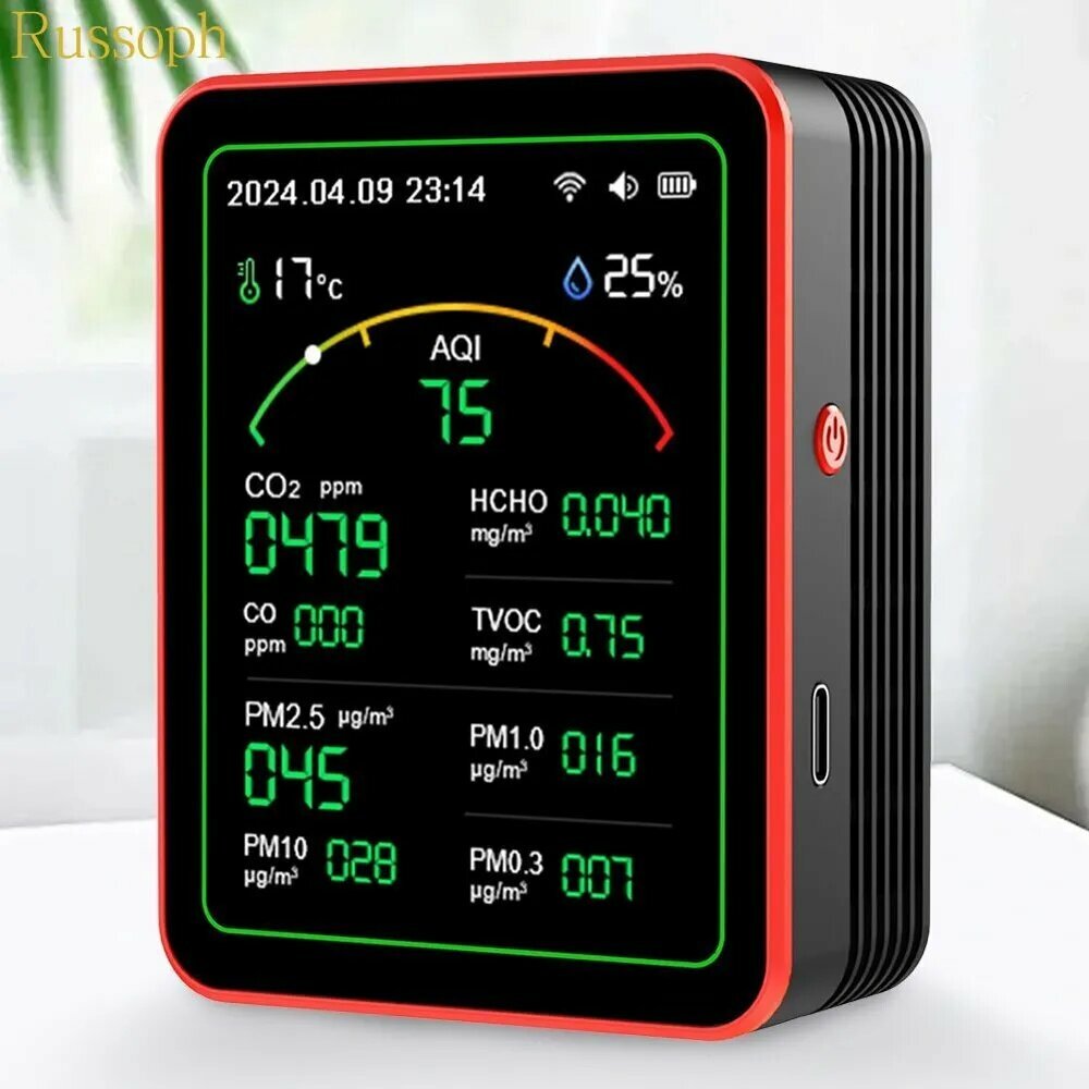 WiFi 15-в-1 Детектор качества воздуха PM2.5 PM1.0 Тестер CO CO2 TVOC HCHO (черный)