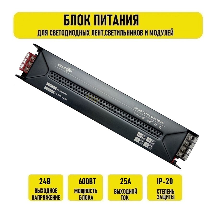 Блок питания 24V 25A 600w IP20 узкий без вентилятора