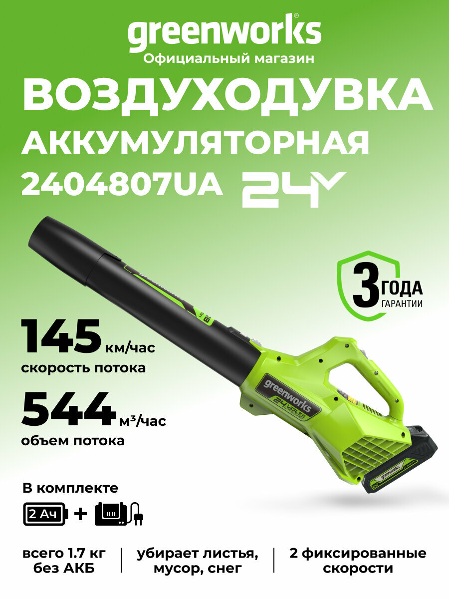 Воздуходувка садовая аккумуляторная Greenworks, 24V, с АКБ 2АЧ и ЗУ