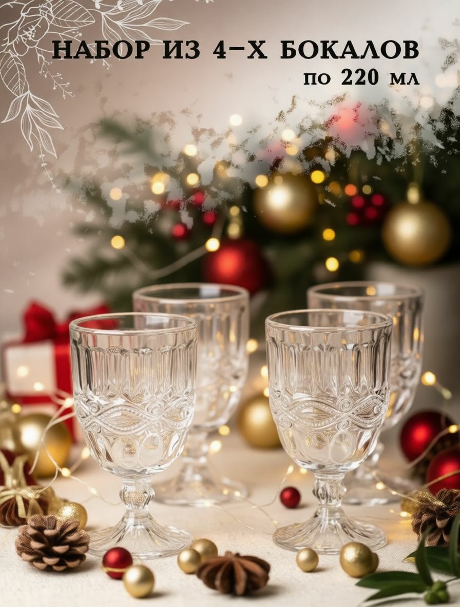 Набор бокалов для вина, воды и сока из цветного стекла 220 мл 4 штуки "Винтаж" прозрачный