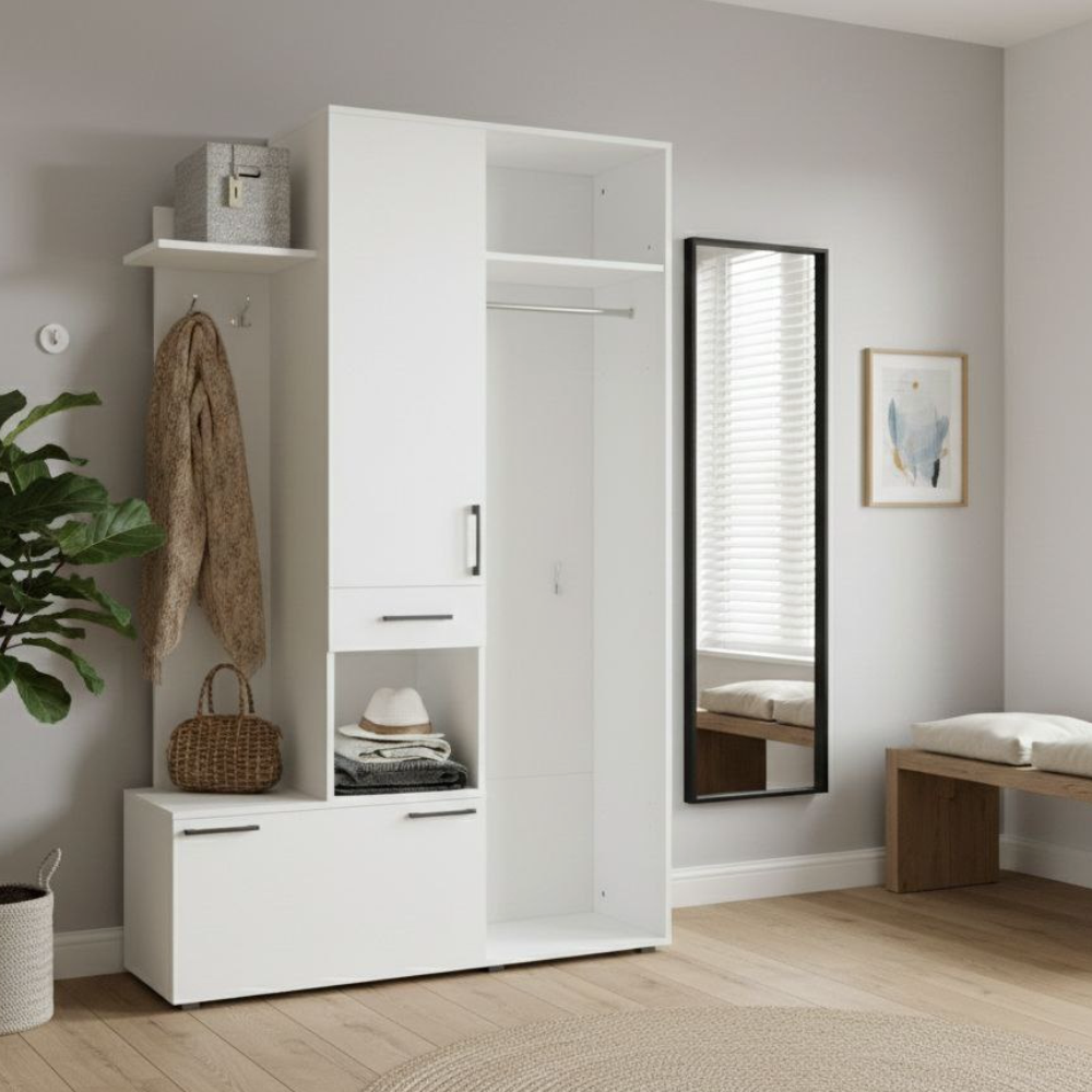Прихожая с тумбой, шкафом и открытой секцией для одежды Лира (120х52х205 см), ЛДСП Белый матовый