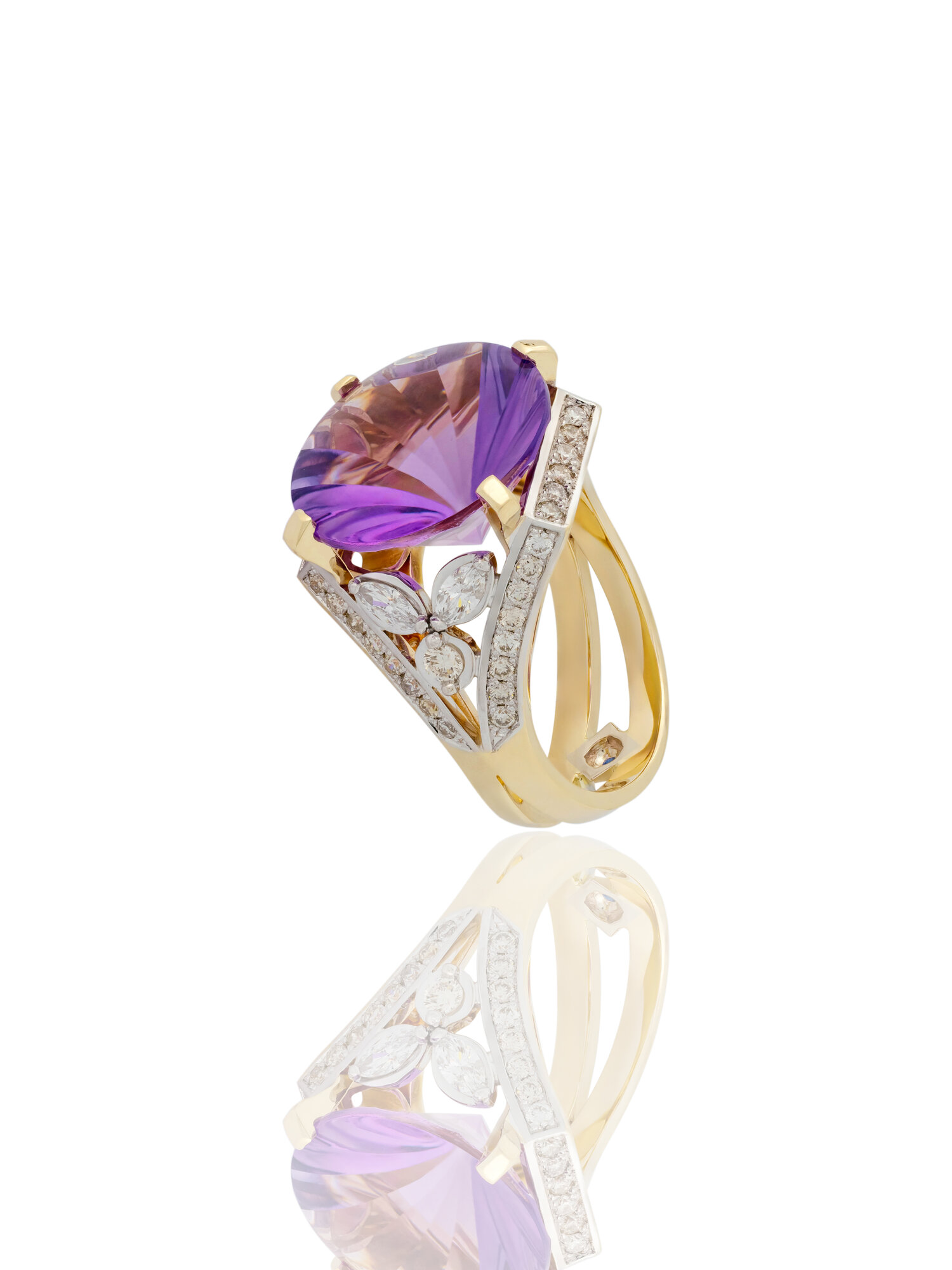 Кольцо, золото, 585 проба, бриллиант, сапфир, аметист