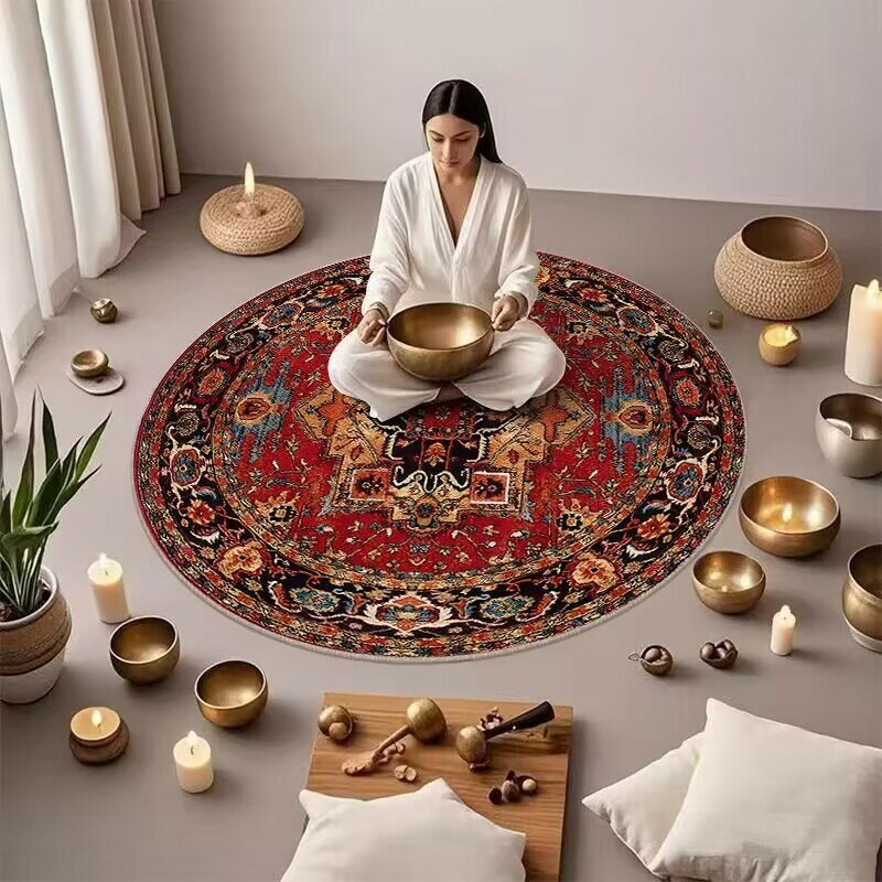 Круглая поющая чаша для медитации, коврик для медитации и исцеления, этнический стиль, декоративный коврик, студия звуковой терапии, коврик без необходимости ухода