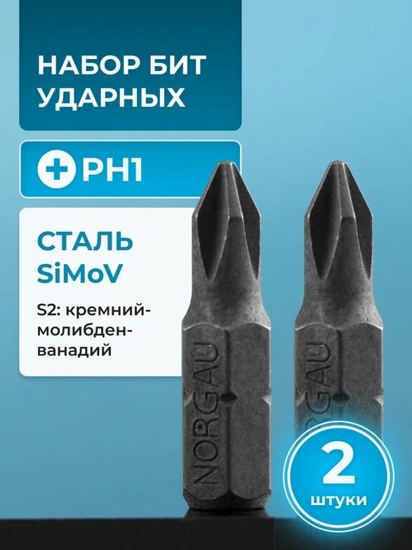 Набор бит 2 шт PH1 NORGAU Industrial из высокопрочной SiMoV стали S2, под шестигранник 1/4"