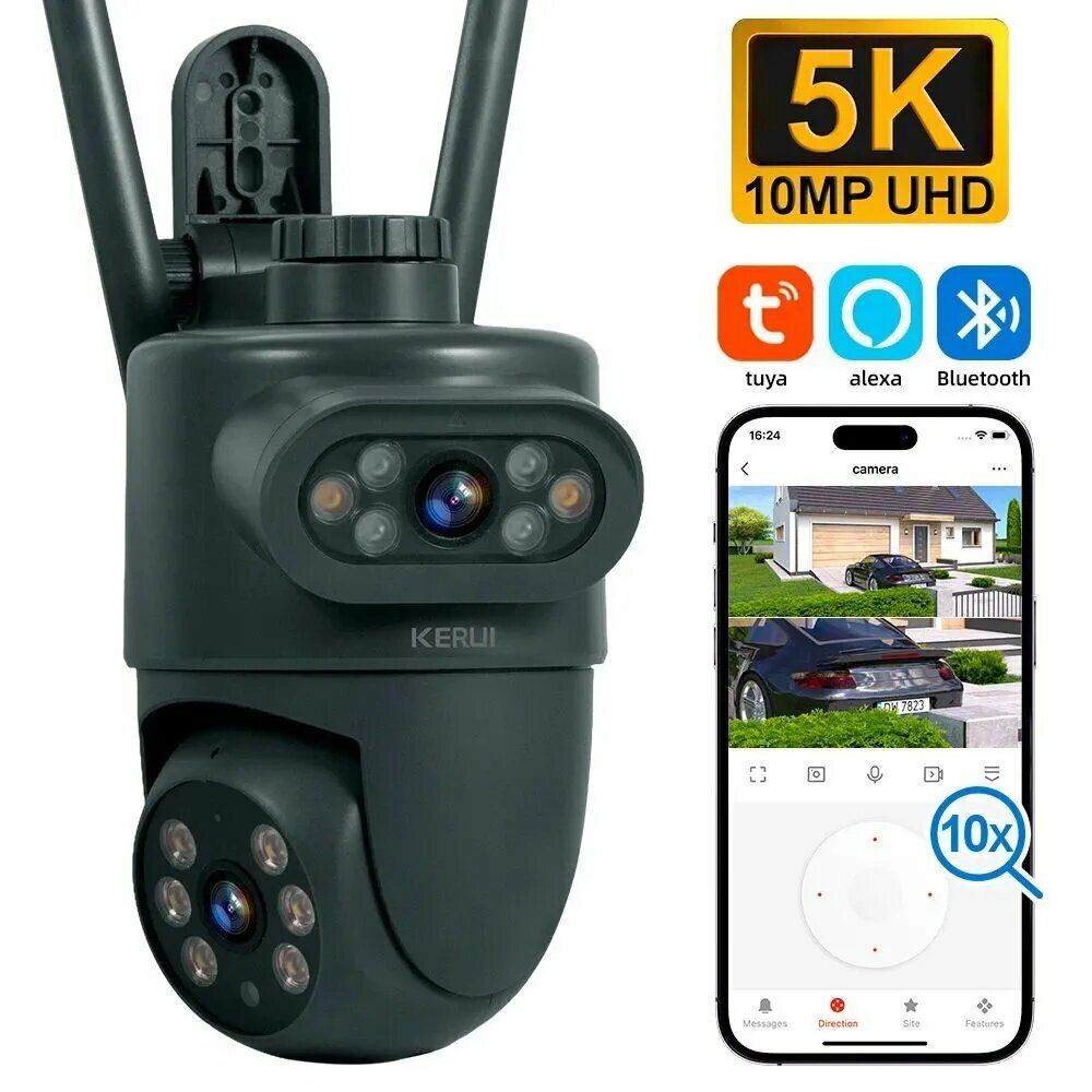KERUI WiFi IP-камера Наружная 10-мегапиксельная 5K HD с двойным объективом, PTZ Беспроводная домашняя система видеонаблюдения, система обнаружения человека, работающая на Tuya Smart