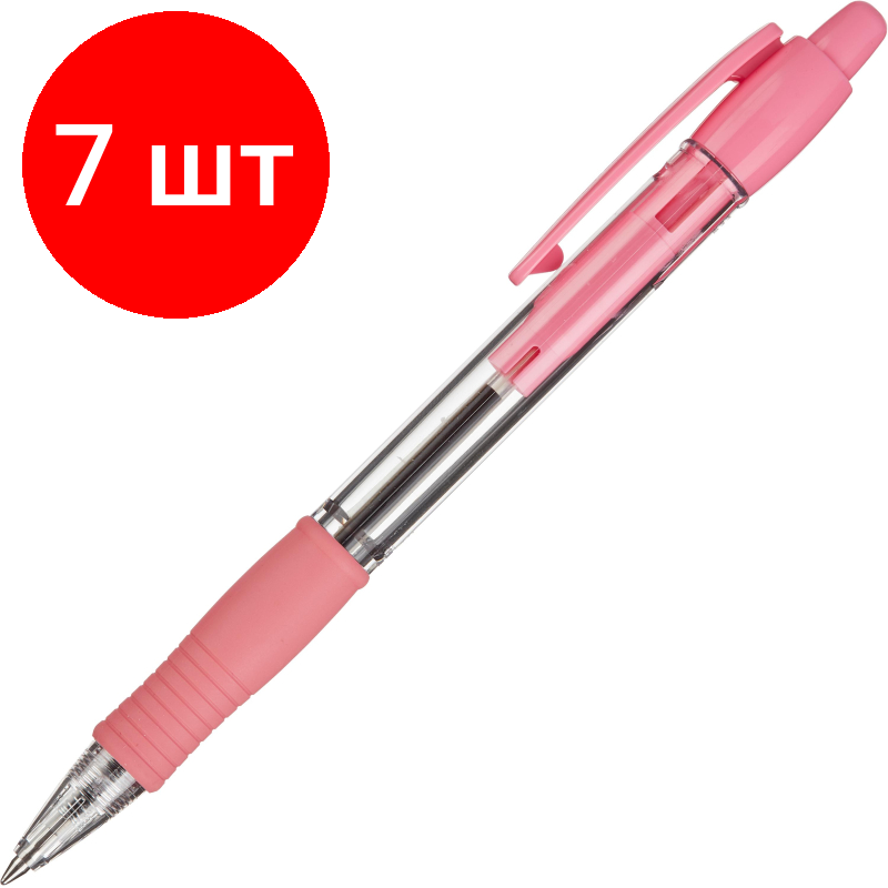 Комплект 7 штук, Ручка шариковая автомат. BPGP-10R-F P SUPER GRIP син, масл, манж, роз. к