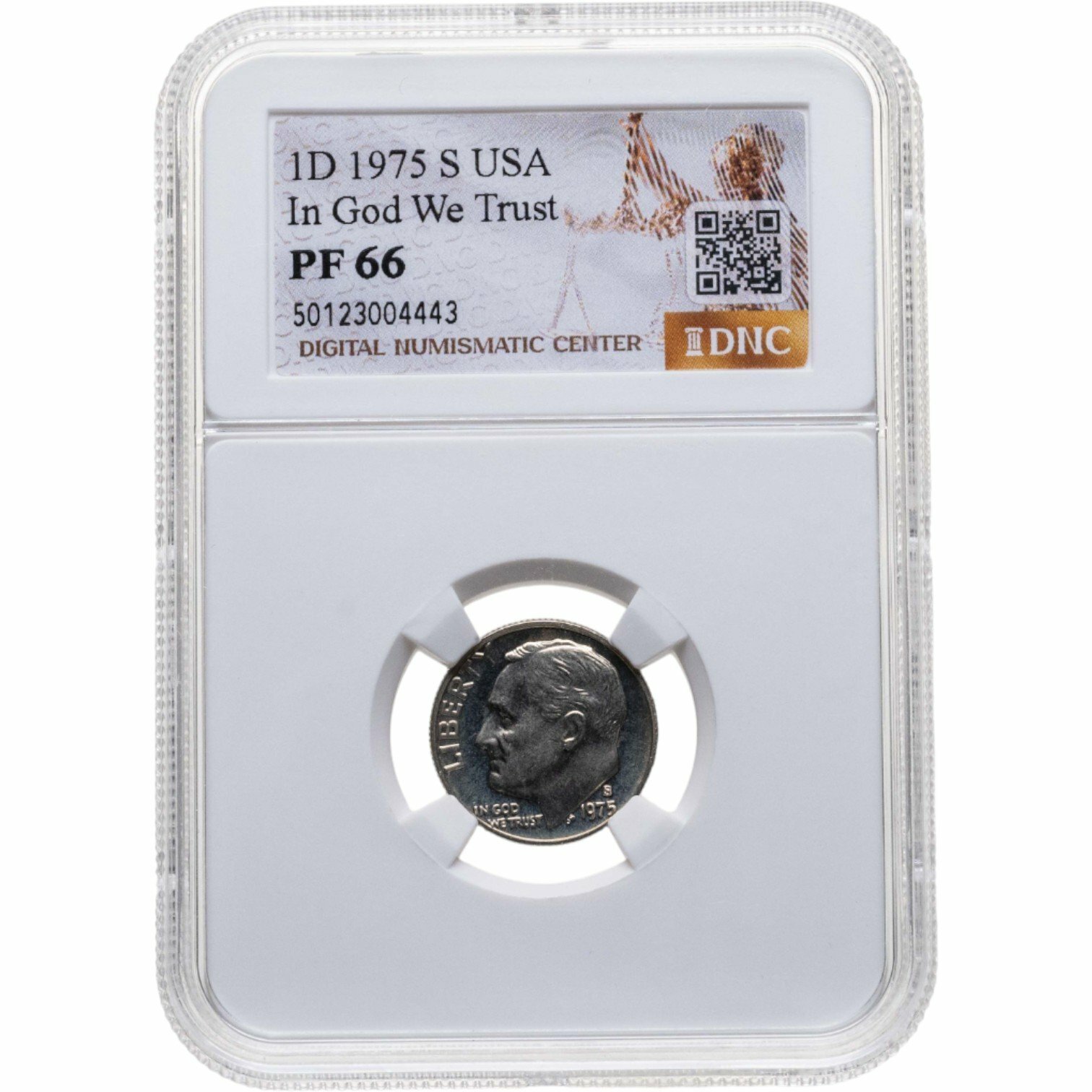 США 1 дайм 10 центов, one dime 1975 S "Roosevelt Dime" в слабе DNC PF66, Мельхиор медь-никель