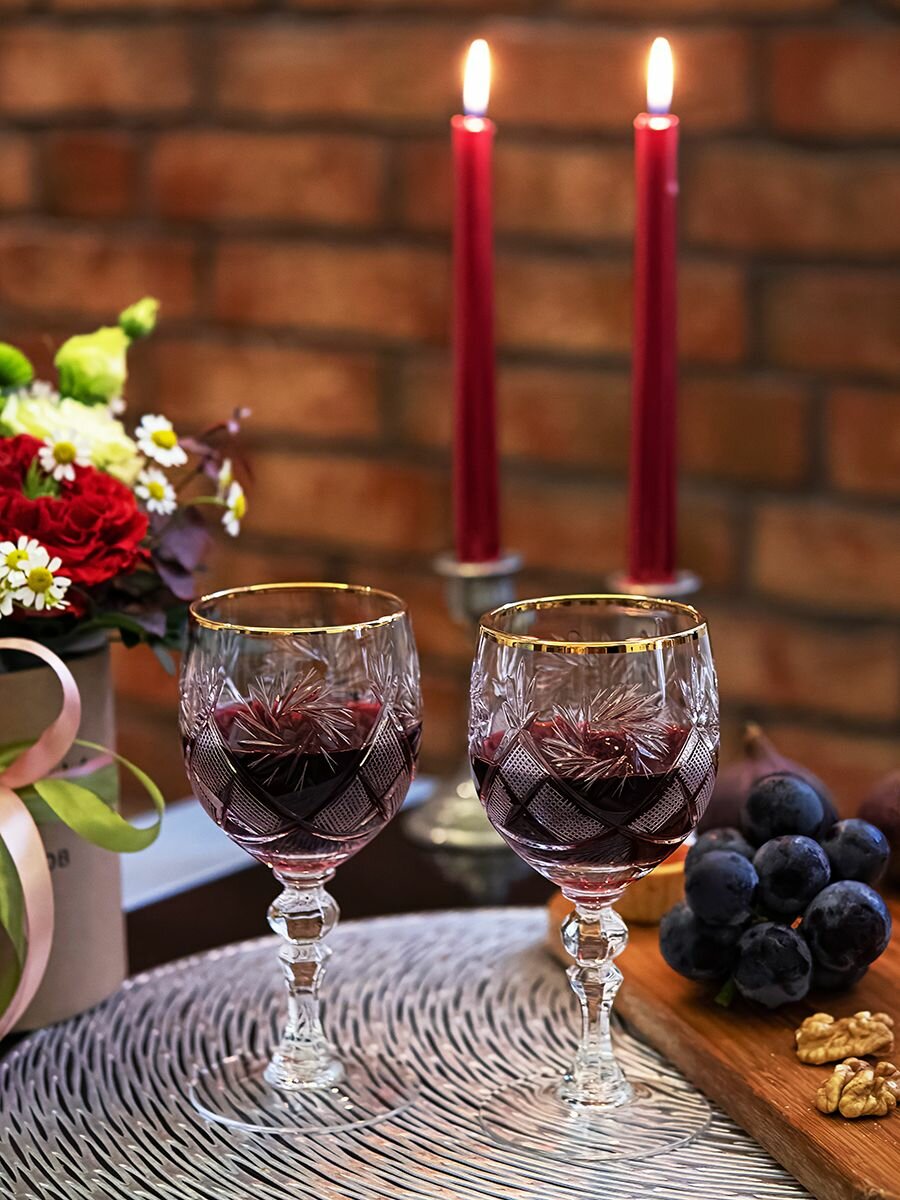 Хрустальные бокалы для красного и белого вина, объем 250 мл, фужеры набор 2 шт, Неман, отводка золотом