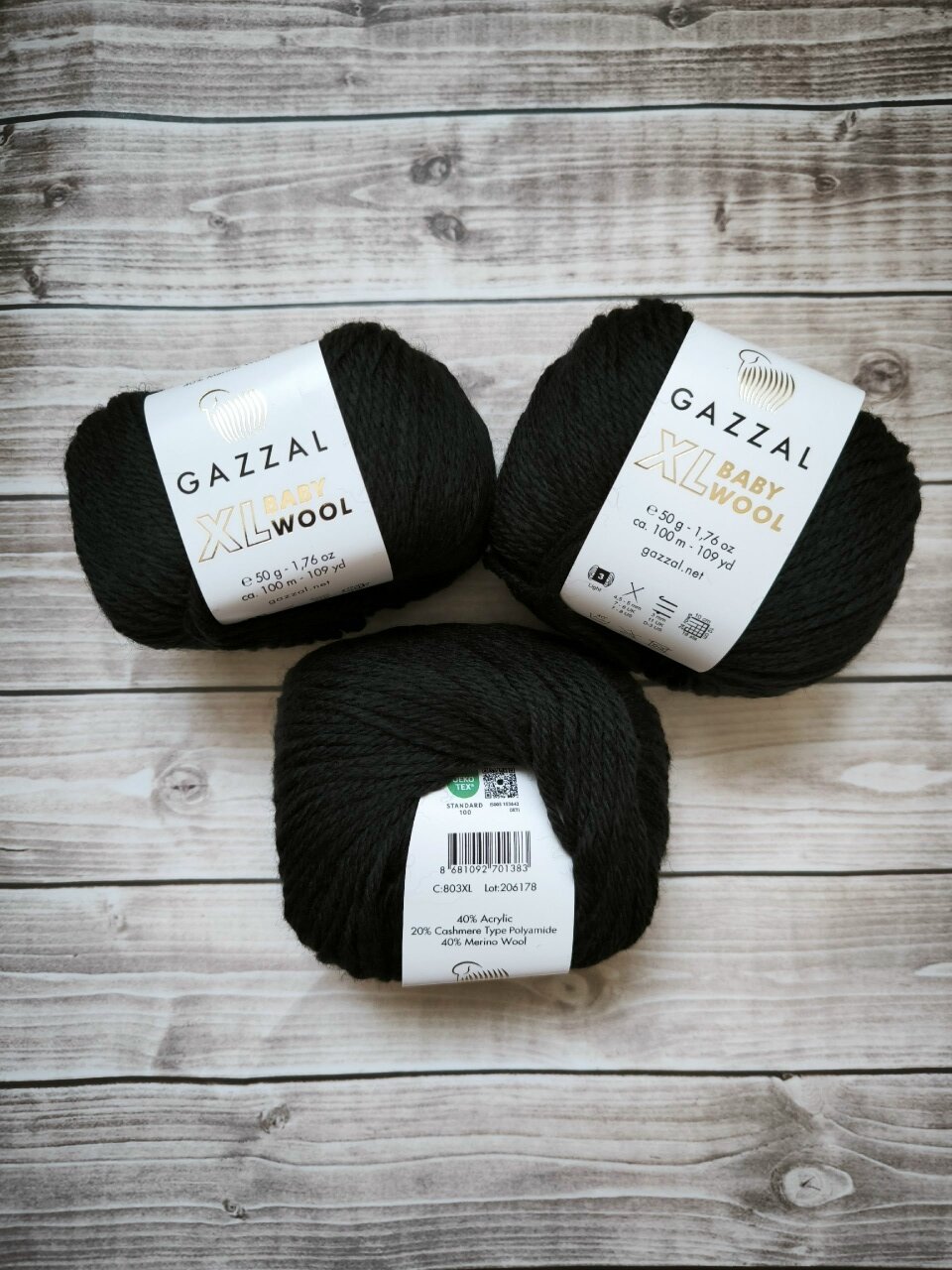 Пряжа Gazzal Baby wool XL, цвет 803 черный, набор 3 мотка, вес мотка 50 гр, длина нити 100 м