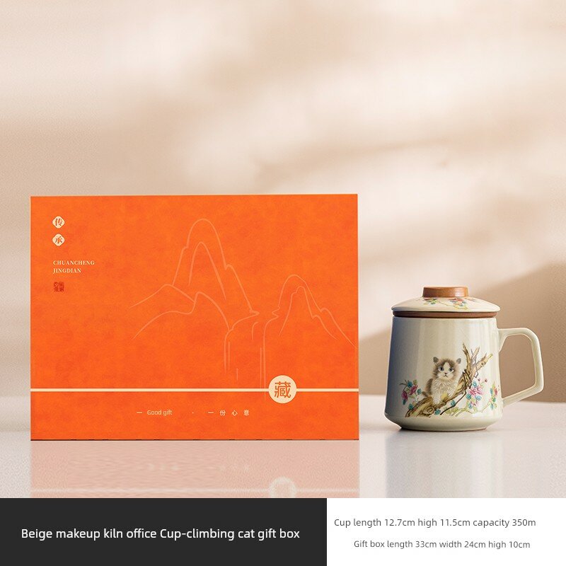 Керамическая чайная чашка в форме кошки с глазурью кракле, изготовленная в печи Ру, с крышкой, персональная кружка для