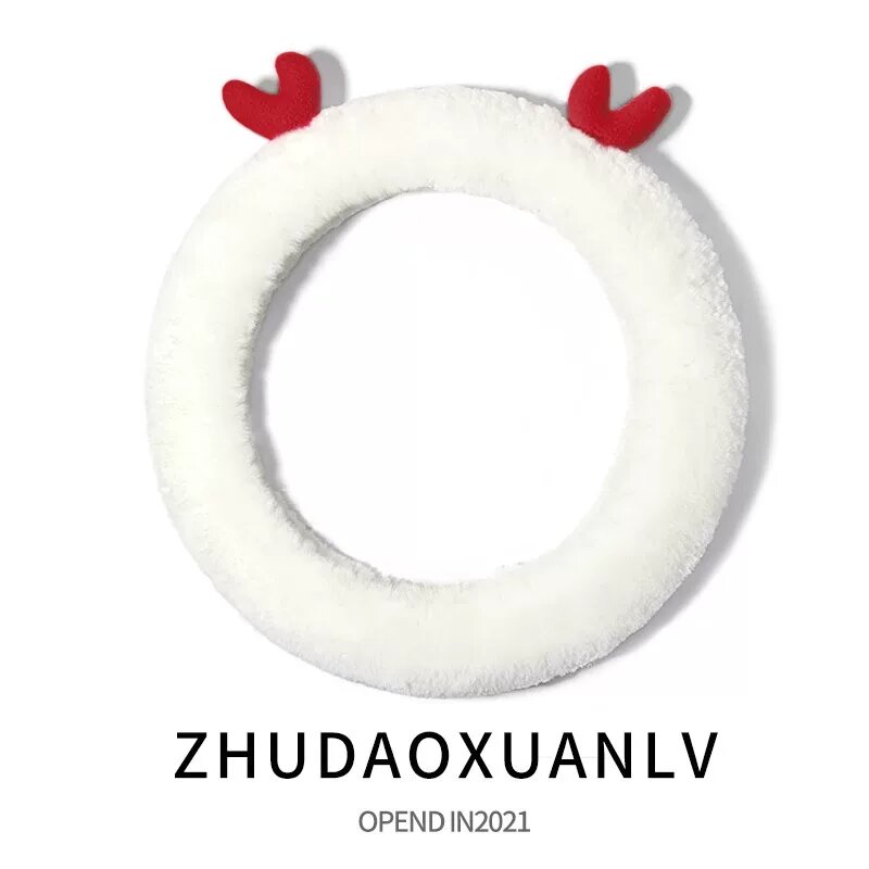 Чехол на руль автомобиля из плюша с оленьими рожками, зимний, милый, нескользящий, универсальный, защитный чехол на