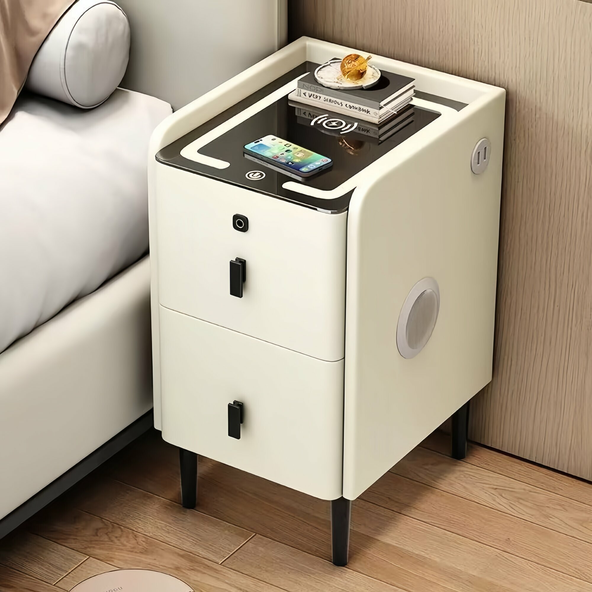 Умная прикроватная тумбочка из массива дерева, беспроводная зарядка + трехцветная подсветка