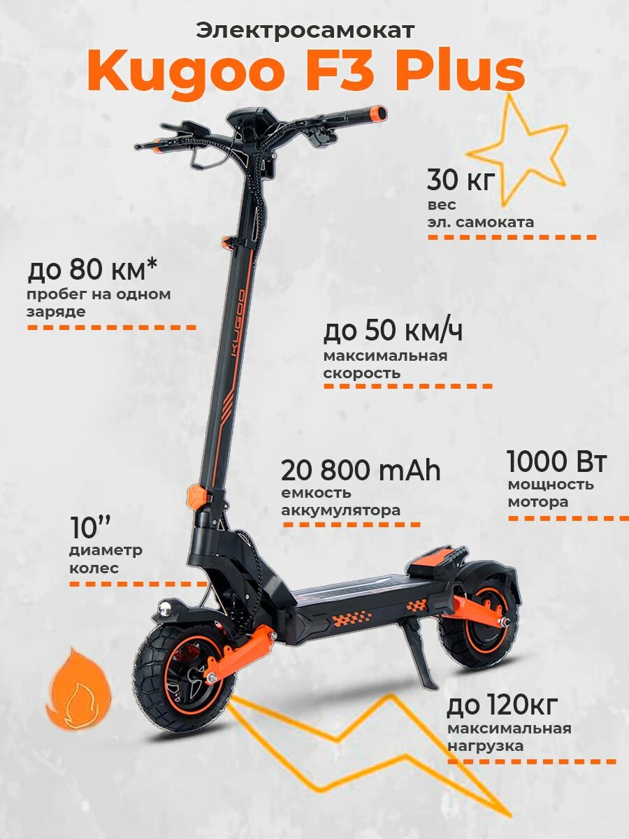 Электросамокат Kugoo Kirin F3 Plus 2026, 1000W / 20,8Ah, максимальная скорость 50км/ч