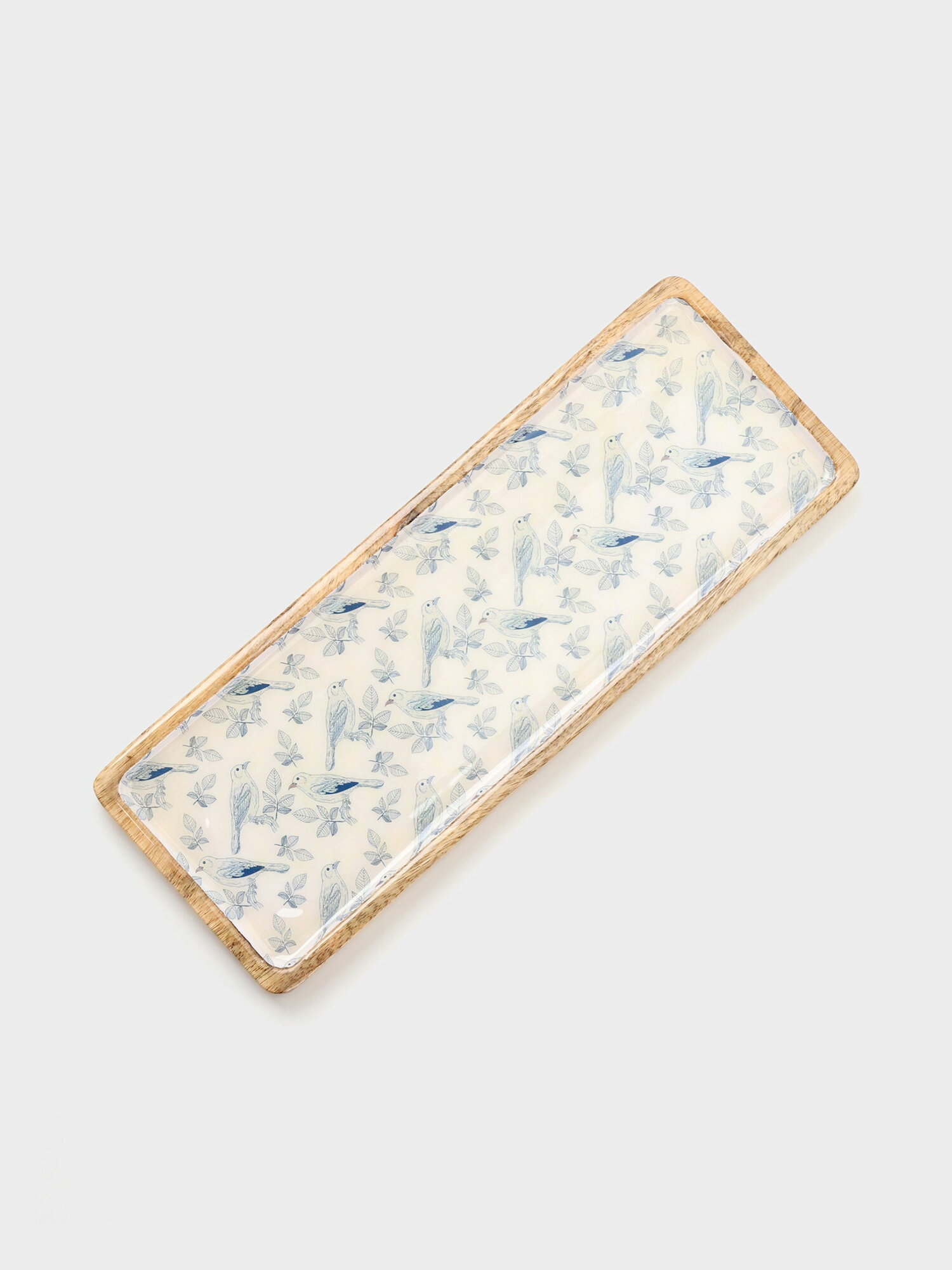 Блюдо прямоугольное "Синие птицы", 41x15 см, дерево манго, цвет: бежевый