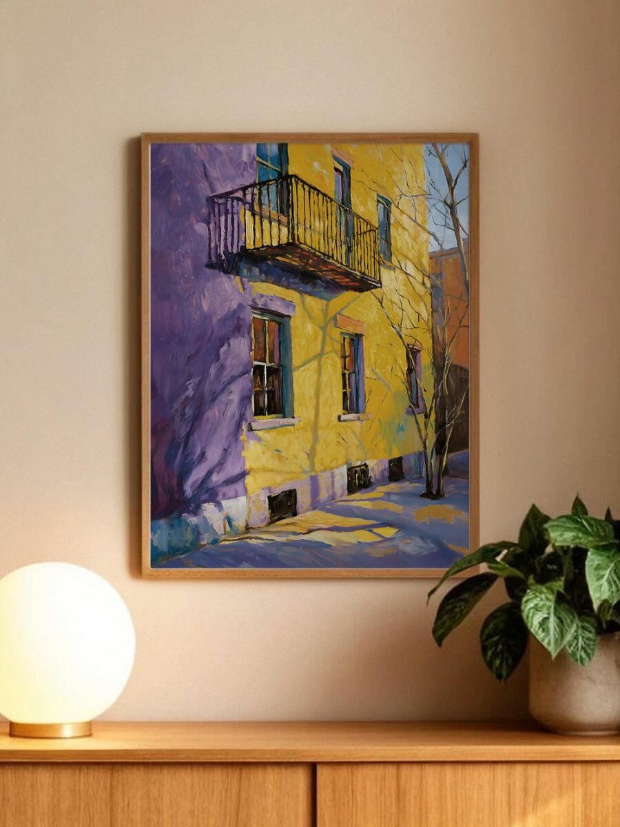 Постер на стену 30х40 Дом с балконом, без рамы, городской пейзаж на бумаге