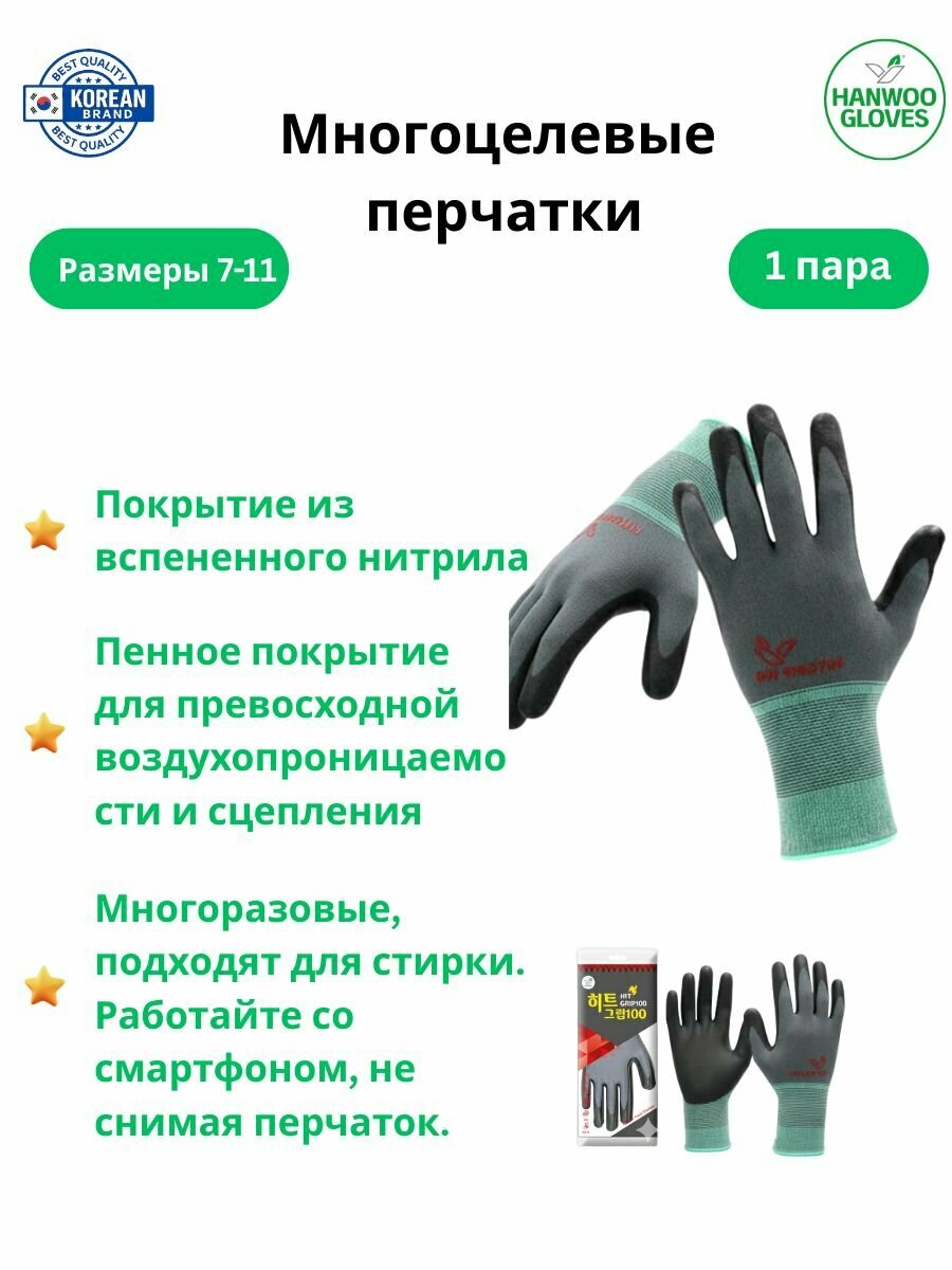 Перчатки рабочие корейские Hanwoo HIT GRIP 100, со вспененным нитриловым покрытием. Стройка / Ремонт / Сад, Перчатки рабочие мужские строительные с обливом, 1 пар, размер 7-11