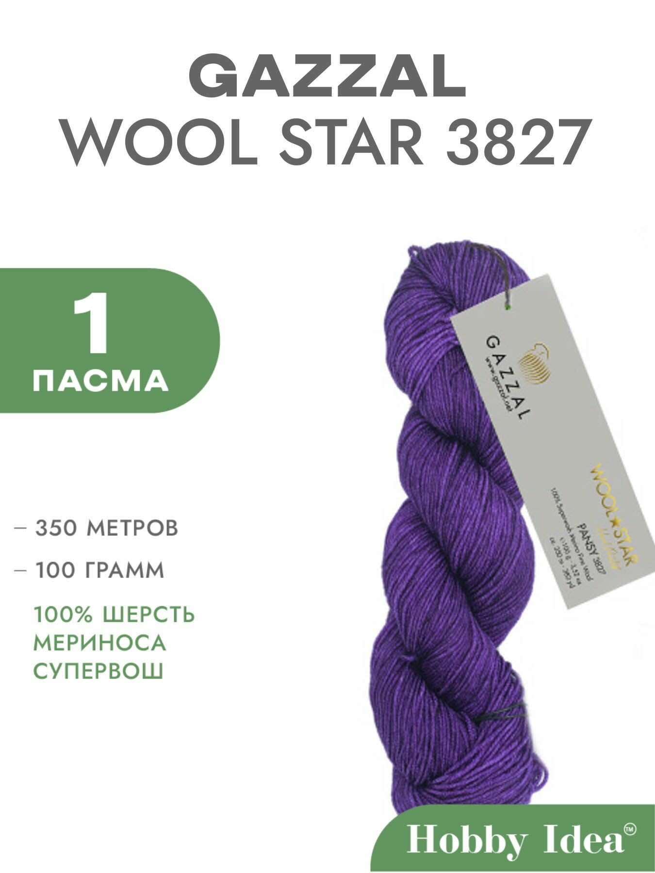 Пряжа Gazzal Wool Star 3827 Фиолетовый 1 пасма (Мериносовая пряжа в пасмах Газзал Вул Стар)
