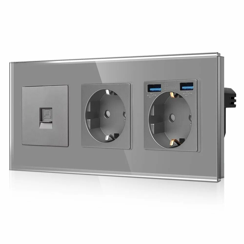Розетка с USB-портами и интернетом / Rj-45,3 поста, серый Закаленное стекло.