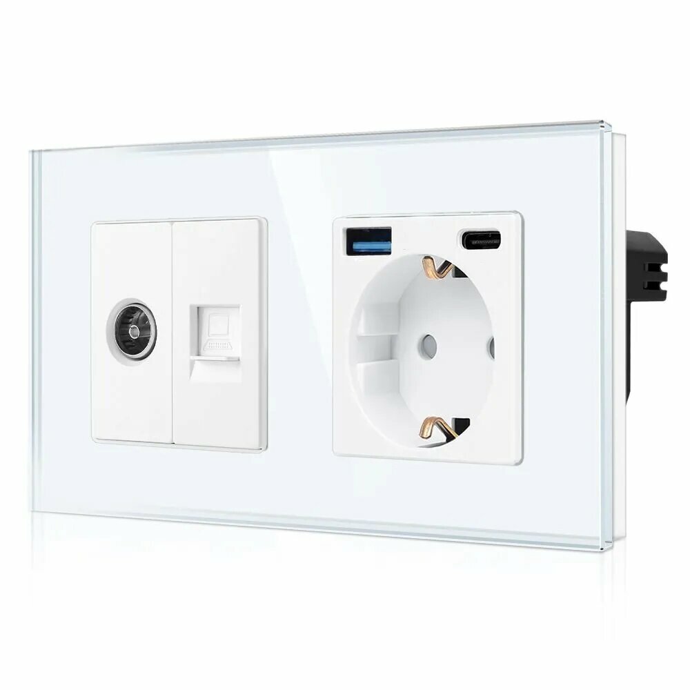Pозетка на 2 столба с доступом в Интернет, CAT6, разъем USB A/TYPE-C, закаленное стекло, цвет белый