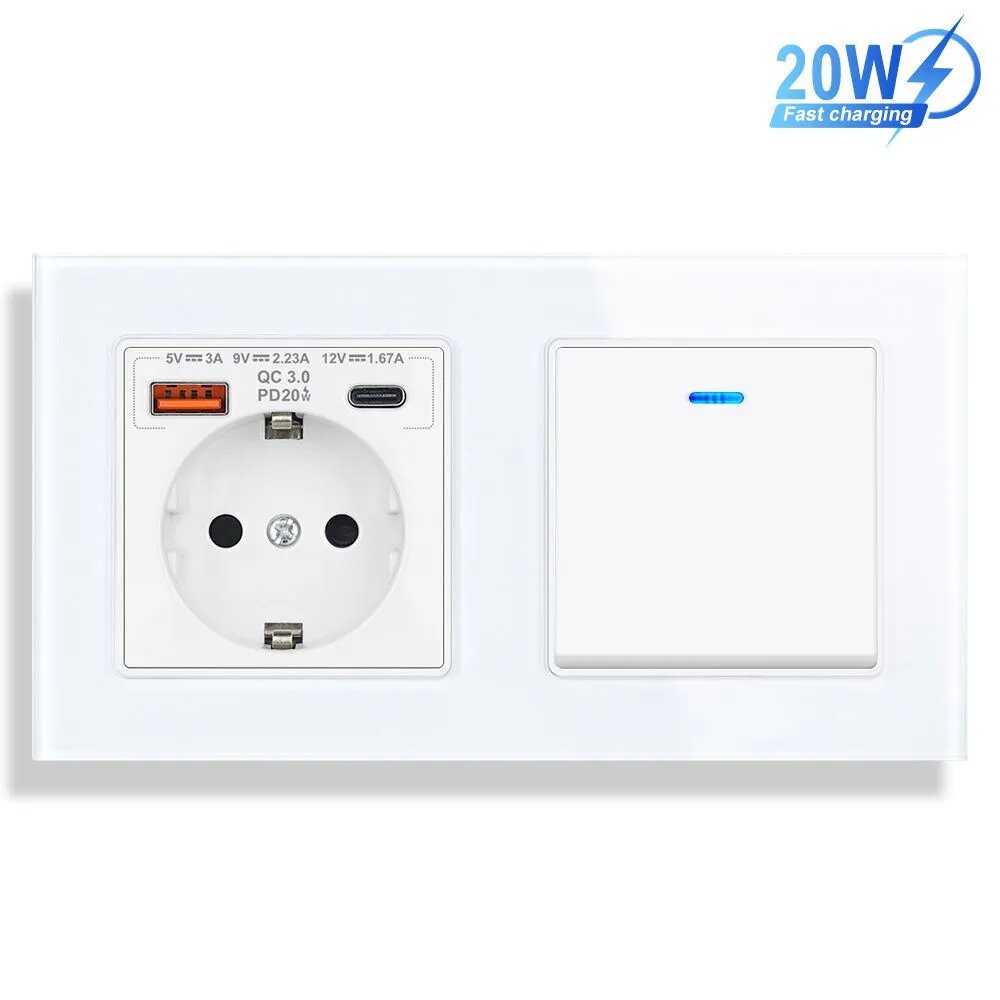 Выключатель с подсветкой с розеткой и usb,2 пост(1Розетка с usb Type-C быстрая зарядка 20W+1Выключатель)рамка стекло 153х82мм Белый